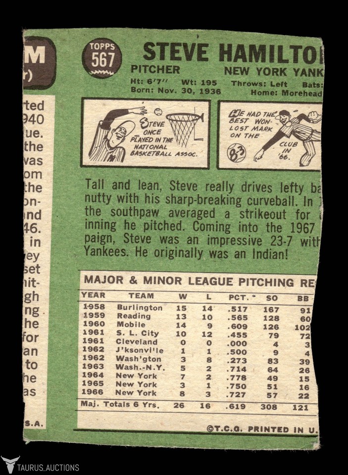 1967 Topps #567 New York Yankees Steve Hamilton Baseball Card VG HIGH ...