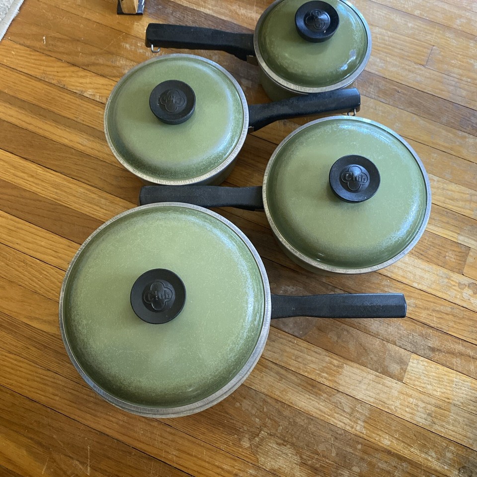 4 Vintage Avocado Green Club Cast Aluminum 1, 1.5, 2, & 3 Quart Pans ...