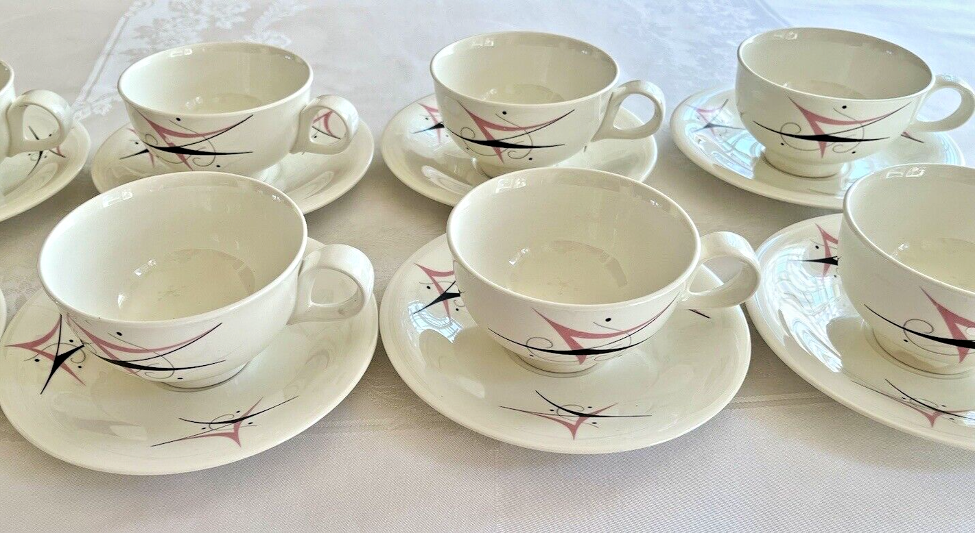 HARLEQUIN HALLCRAFT EVA ZEISEL 6 CUPS & SAUCERS ATOMIC AGE EUC MID ...