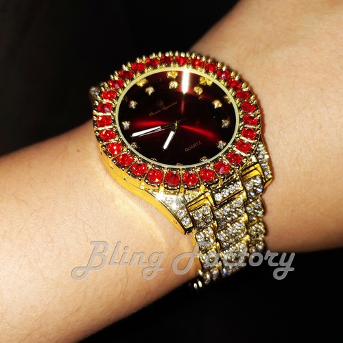 Men's Hip Hop Iced Red Stone Rapper Bling Lab Diamond Metal Band Wrist ...