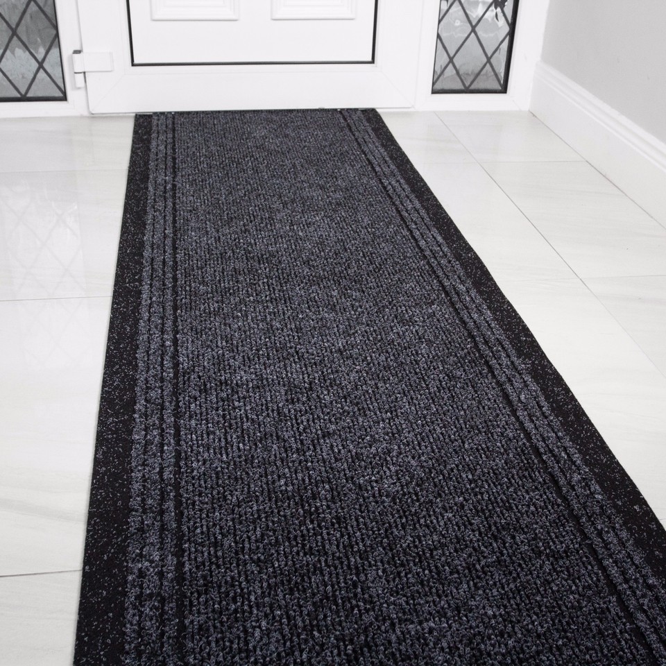Black Long Hall Runner Rugs Non Slip Dark Easy Clean Office Runners ...