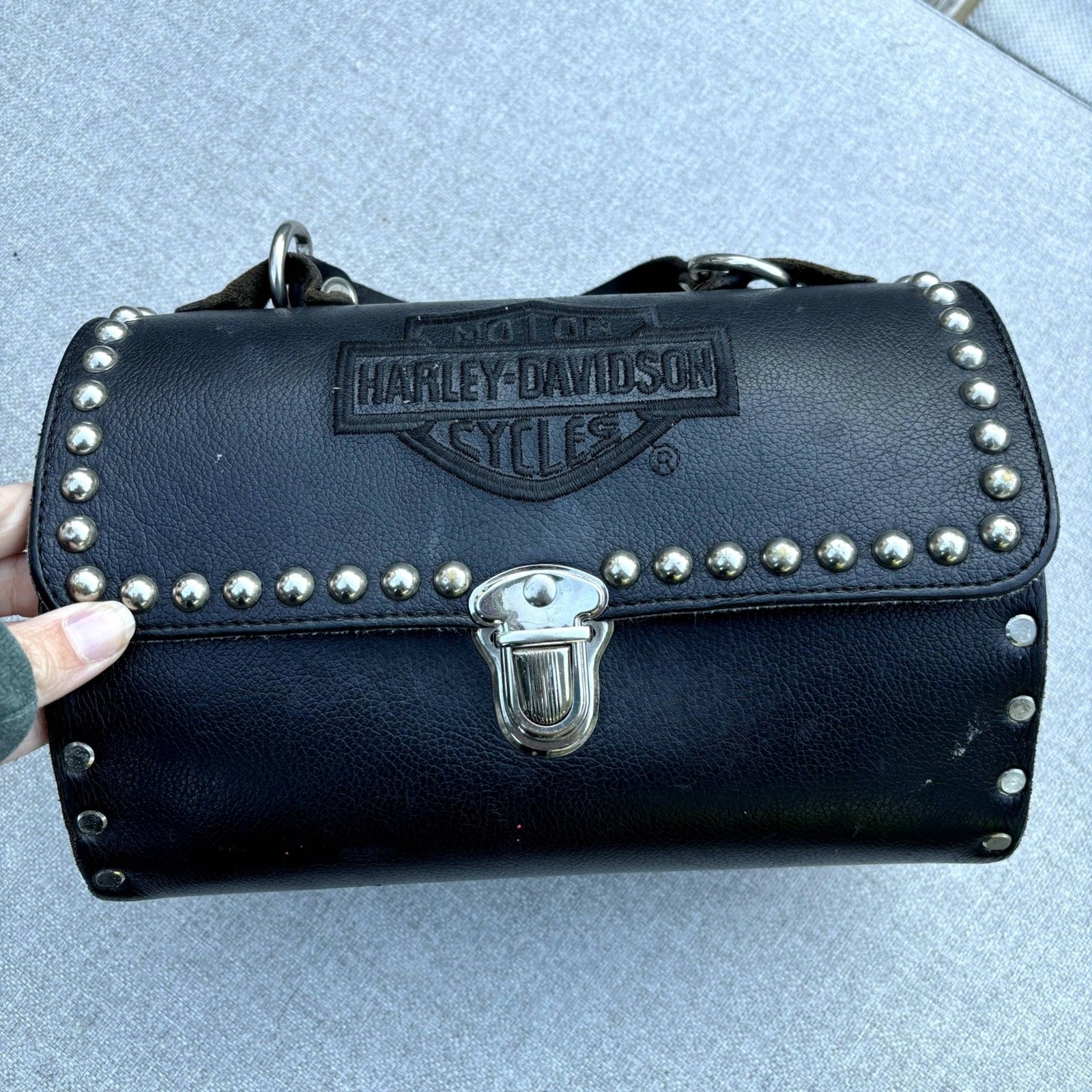 Harley-Davidson Leather Barrel Satchel Purse Black St… - Gem