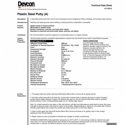 Devcon 10110 Plastic Steel Putty 1 lb. Kit Metal Filled Epoxy Putty | eBay