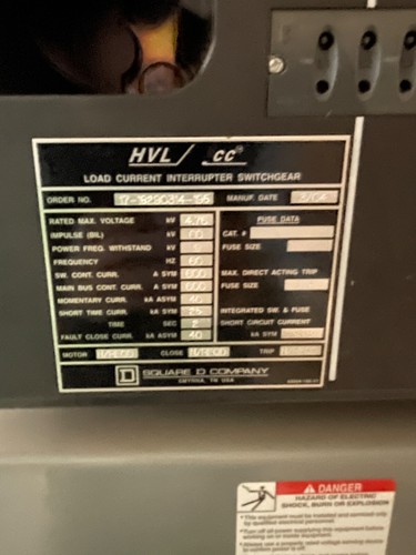 5kv SQUARE D 600 Amp High Pressure Voltage Switch LOAD INTERRUPTER HVL ...