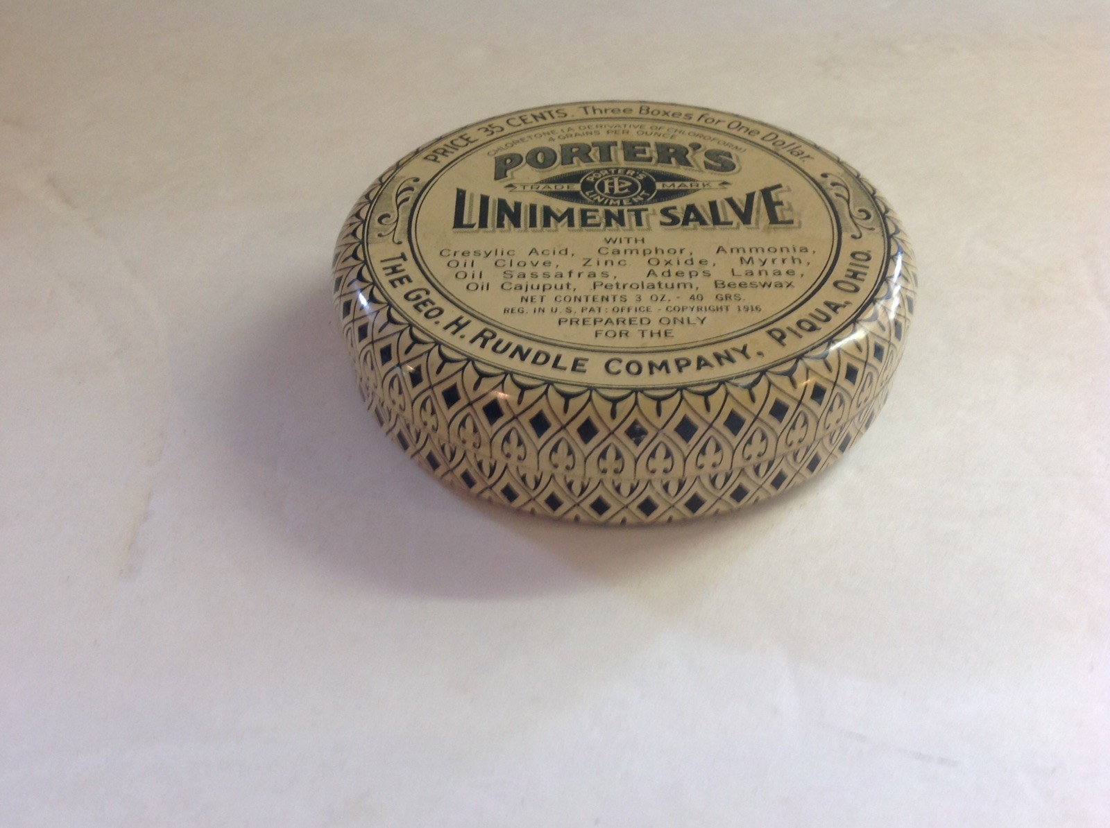 Porter's Liniment Salve Vintage 1916 Tin, George Rundle Co, Piqua, Ohio ...