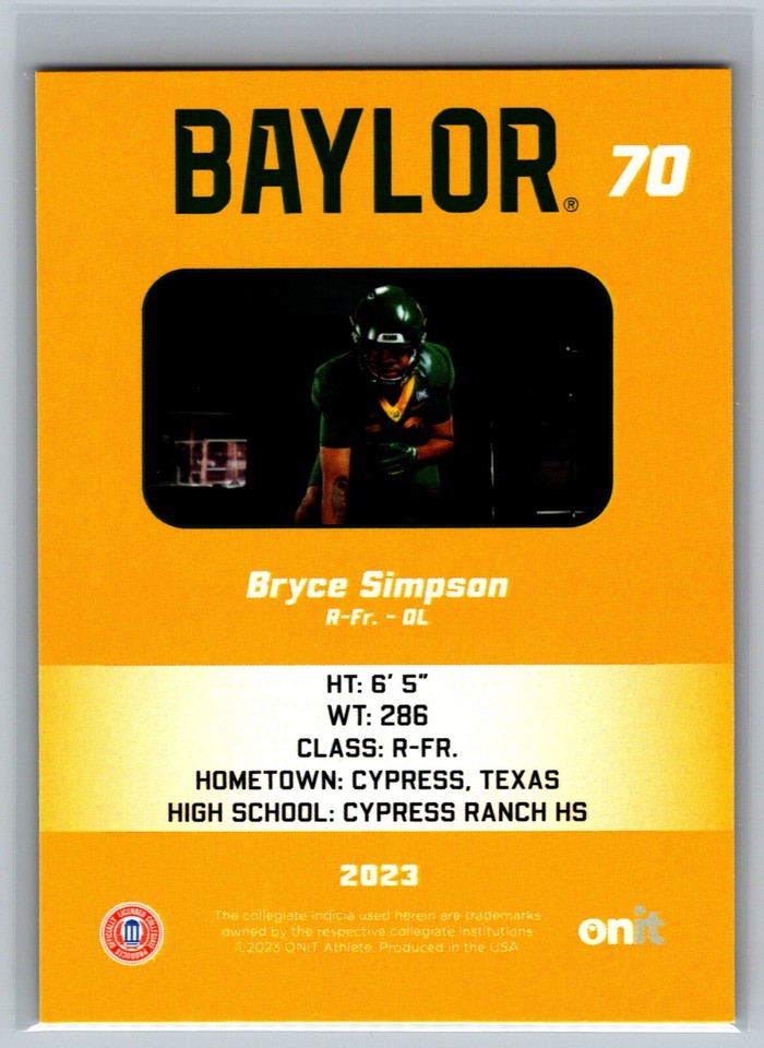Bryce Simpson 2023 ONIT Baylor University Bears #9 Football Card RC ...