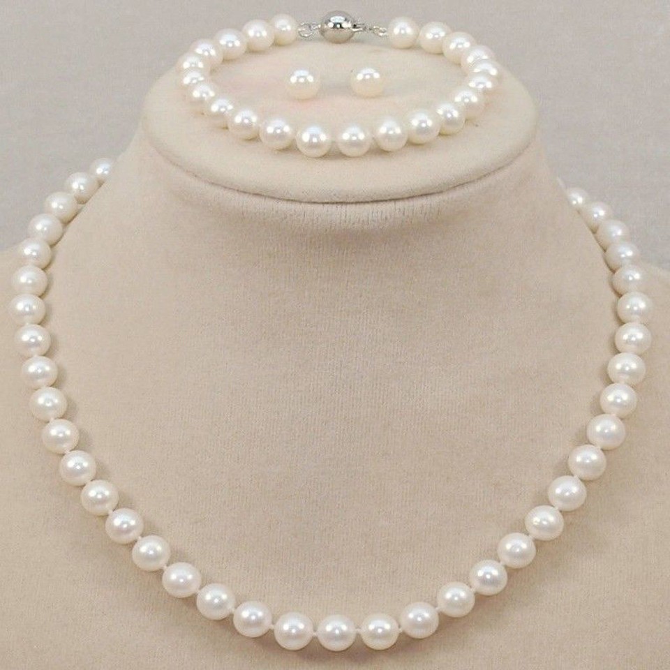 7-8mm Genuine Natural Freshwater White Pearl Necklace Bracelet Earrings ...