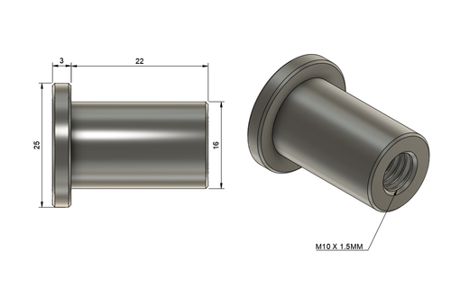 M10 X 25MM Weld In EN8 Steel Female Threaded Fitting Top Hat Bush CNC ...