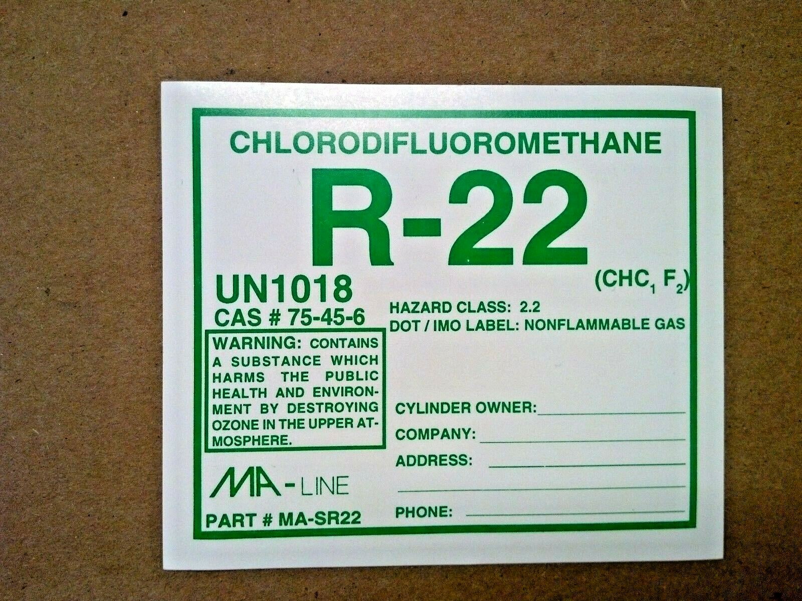 Refrigerant22, Label, STICKER, CHLORODIFLUOROMETHANE, UN1018 | eBay