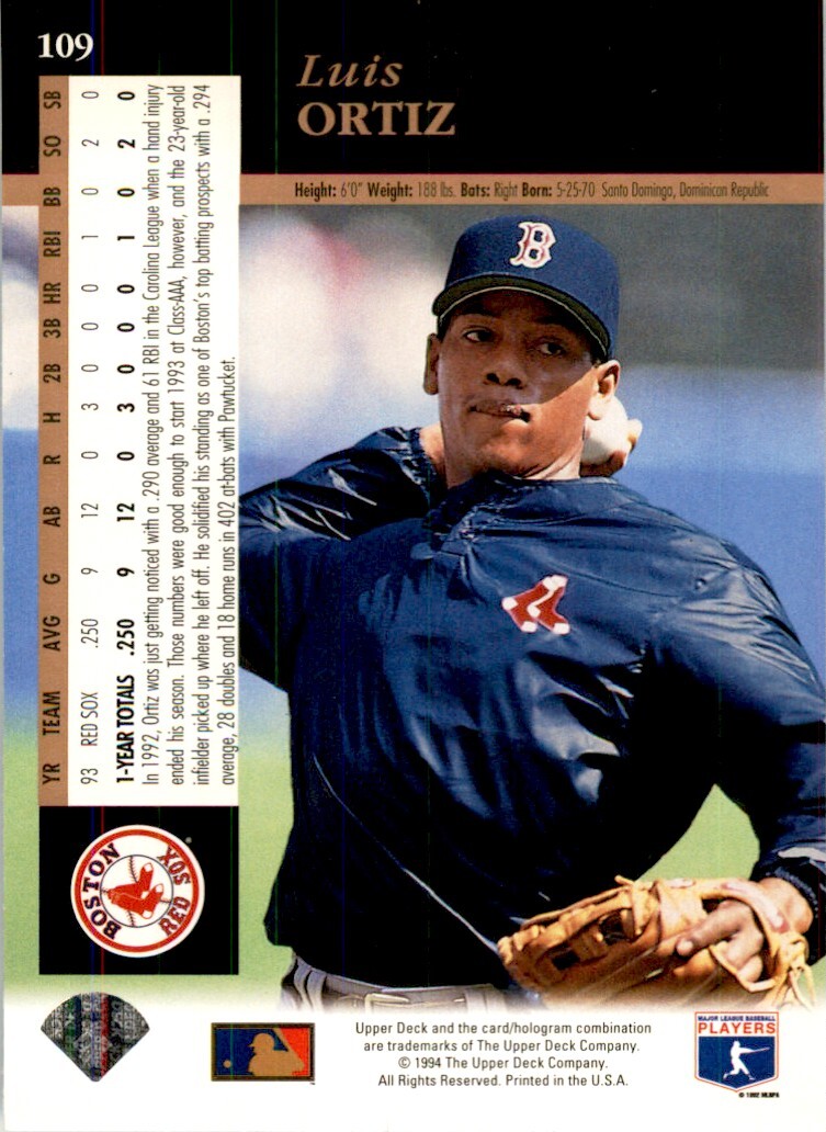 1994 UPPER DECK* LUIS ORTIZ BOSTON RED SOX #109 | eBay