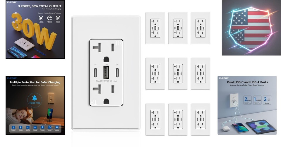 USB Outlets, 30W 6.0 Amp USB C Outlets Receptacles, 3-Port USB Wall ...
