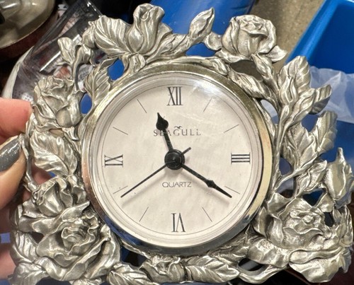 Vtg Seagull Quartz Repousse Canada PEWTER Rose CLOCK c 1996 Signed ...
