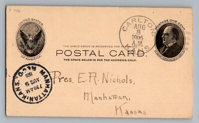 Carlton Kansas Dickinson County 1905 Type 2/4 Doane Cancel Postal Card ...