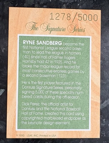1991 Ryne Sandberg Donruss Elite Signature Series 1278 /5000 Autograph ...