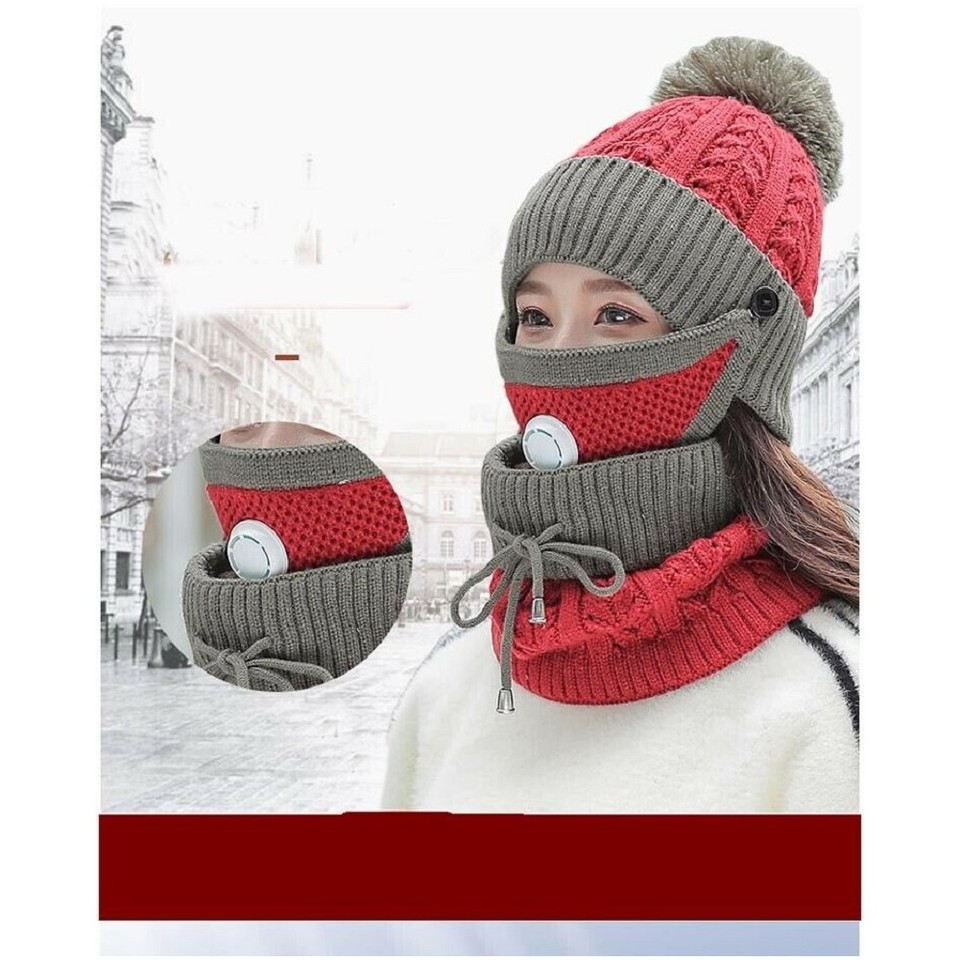 Red & Gray Pom Pom Beanie + Neck Scarf + Mask combo 3 piece Set ...