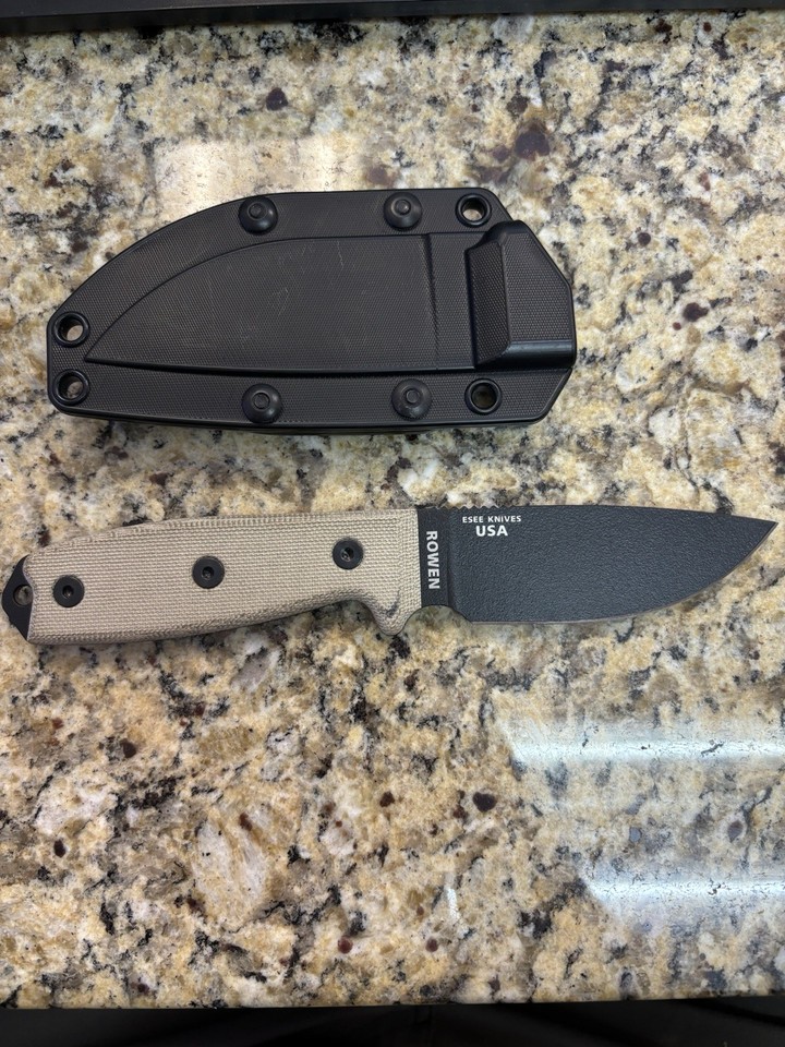 ESEE-3 MIL Plain Black Edge Knife with Factory Sheath Rowen Micarta Tan ...