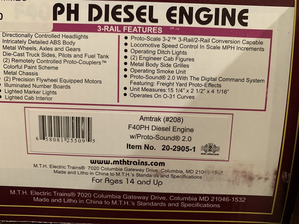 MTH PREMIER AMTRAK F40PH (PHASE 3) DIESEL ENGINE PROTOSOUND 2! 20-2905 ...