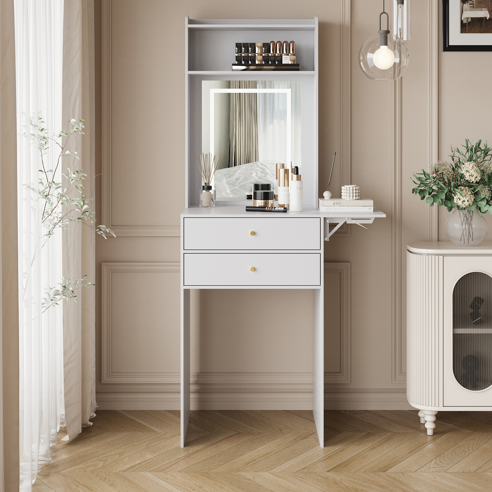 Small Dressing Table with Foldable Side Panel LED Light Mirror Shelves ...