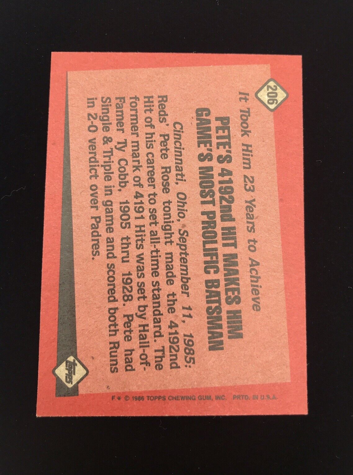 Pete Rose 1985 Record Breaker 1986 Topps MLB Baseball #206 Cincinatti ...