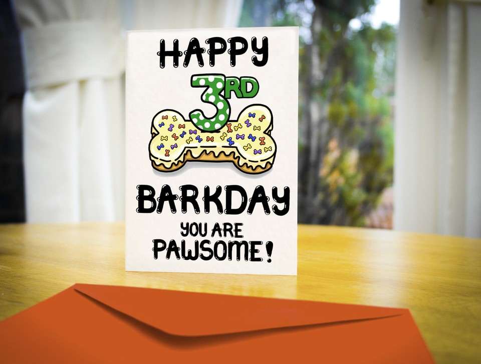 Dog 3rd Birthday Barkday Card for the Dog Third Birthday Puppy Fur Baby ...