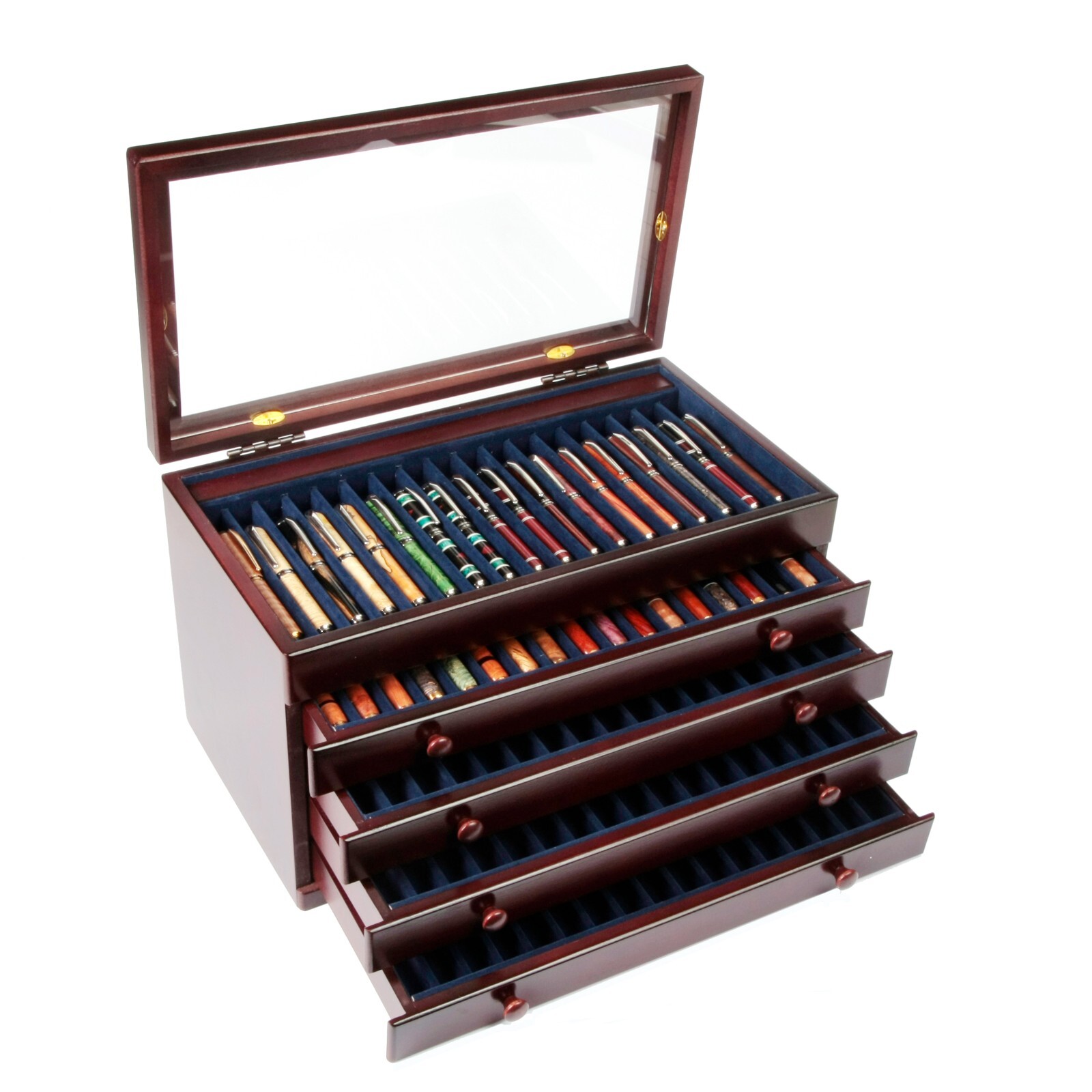 Mahogany Wooden Pen Chest With Glass Top - 76 Pens Display Case ...