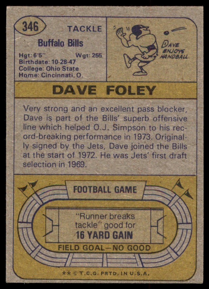 1974 TOPPS DAVE FOLEY BUFFALO BILLS #346 EX | eBay