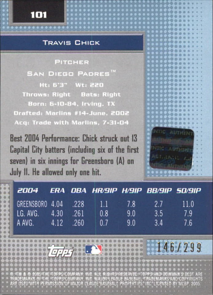 2005 Bowman's Best Blue Autograph #101 Travis Chick FY Auto /299 - NM ...