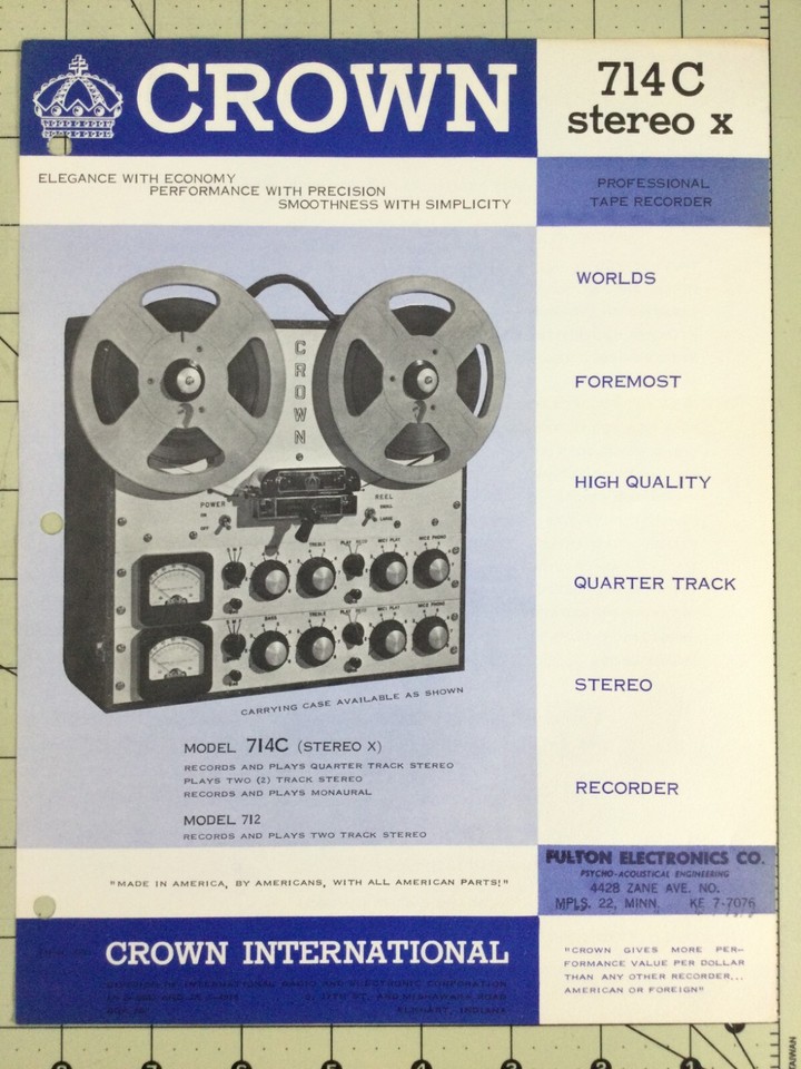 Vintage 1960's CROWN 714C X Reel To Reel Tape Recorder Sales Brochure - Rare | eBay