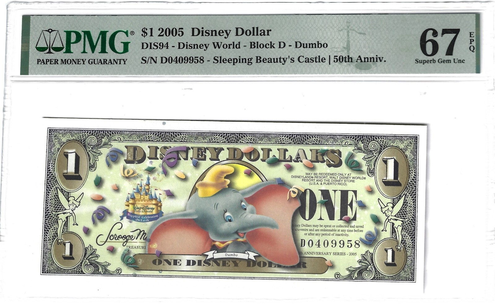 DISNEY94 2005 $1 Disney Dollar, Dumbo, Disney World, PMG 67EPQ Superb ...