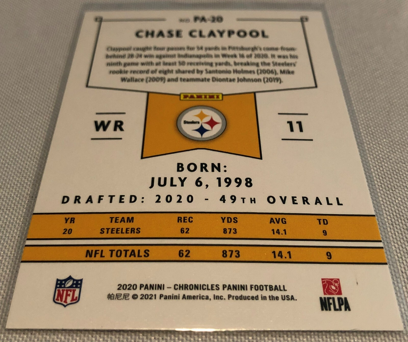 2020 Chronicles Panini Football Chase Claypool Pittsburgh Steelers ...