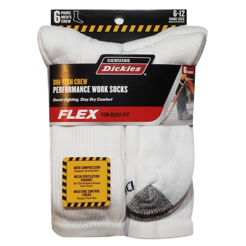 Dickies Men's Dri-Tech Crew Sock, 6 Pack, Solid White Sizes 6-12 | eBay