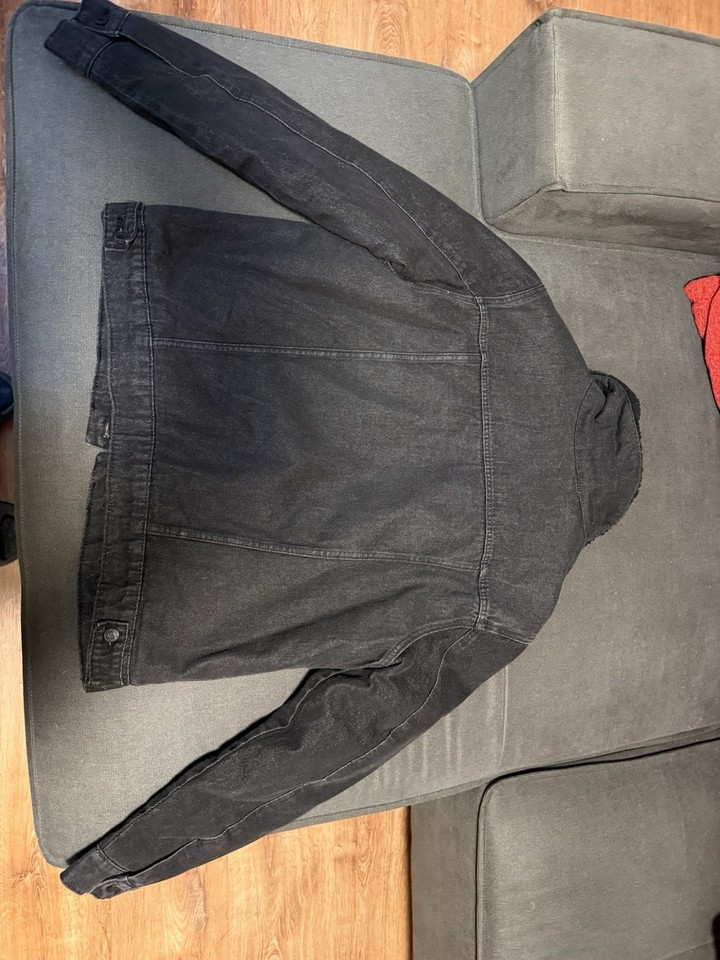 PRIMARK BLACK DENIM MENS LARGE JACKET FAUX SHERPA LINING METAL BUTTONS ...