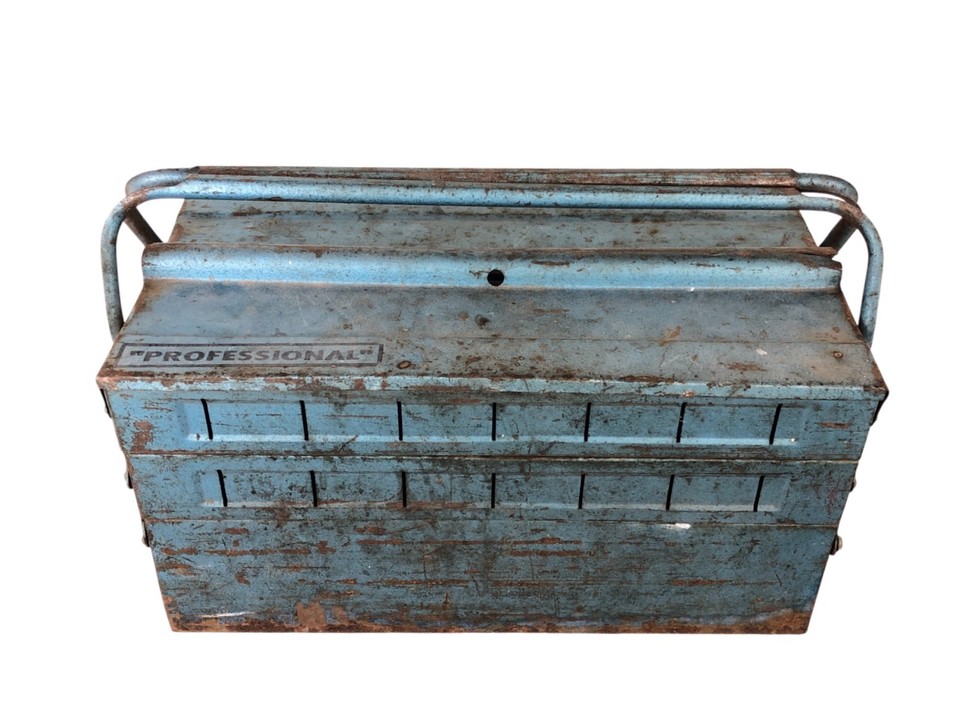 Vintage Blue Metal Cantilever Fold Out Tool Storage Box Tackle Storage ...