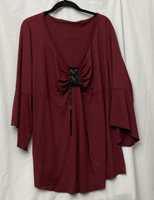 Temu Women's Maroon Grommet Eyelet Lace Up Ruched V-Neck Top w/3/4 ...