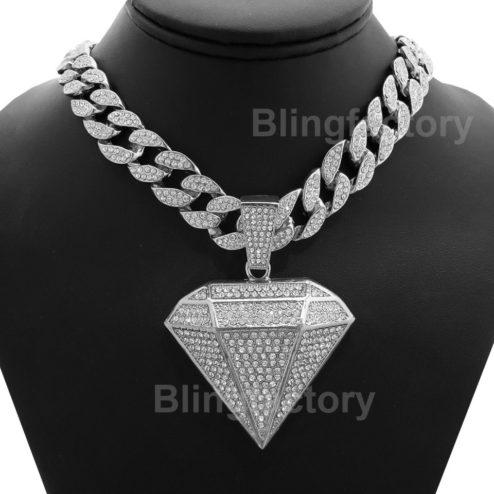 Silver Plated Alloy Diamond Shape & 20" Iced Cubic Zirconia Cuban Chain ...