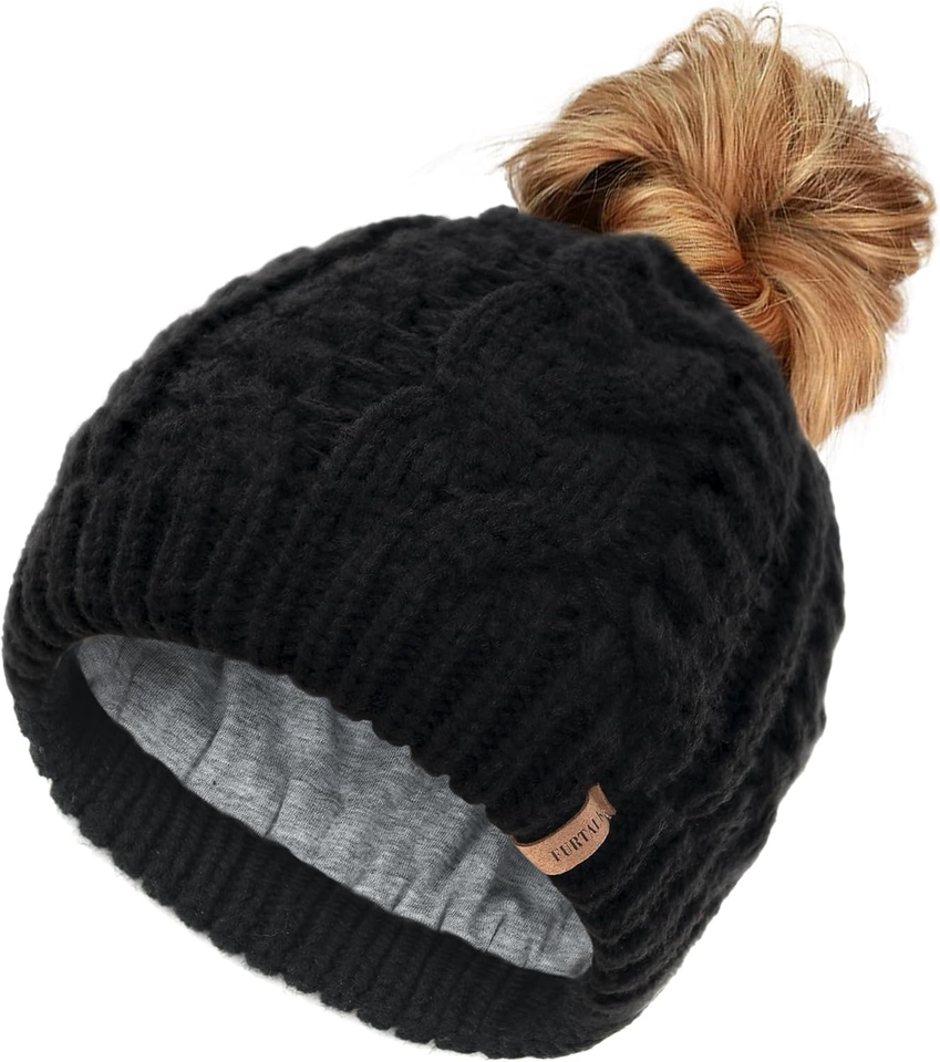 Ponytail Beanies for Women Messy Bun Winter Hat with Tail Hole Warm Lined Knit S | eBay