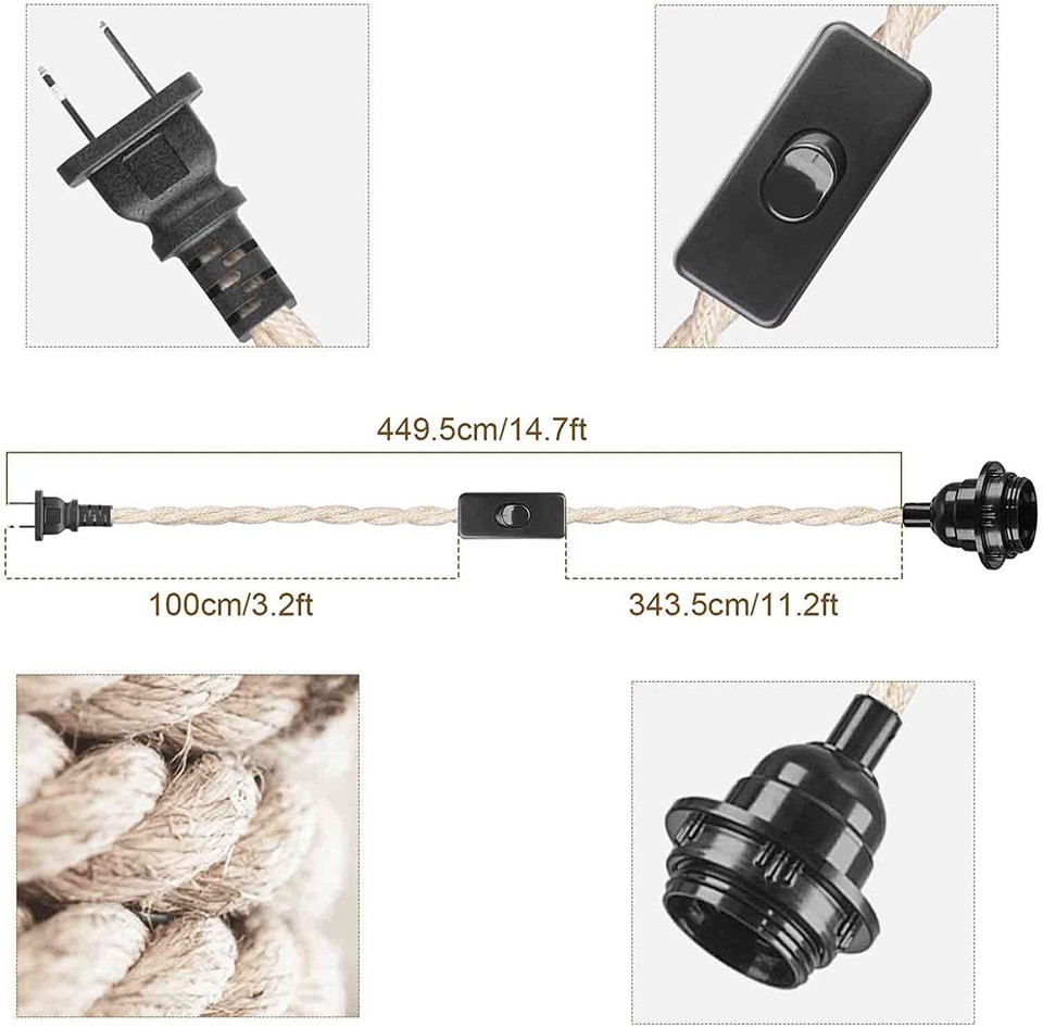 15FT Pendant Light Cord Hemp Rope with Switch Plug in Vintage Hanging ...