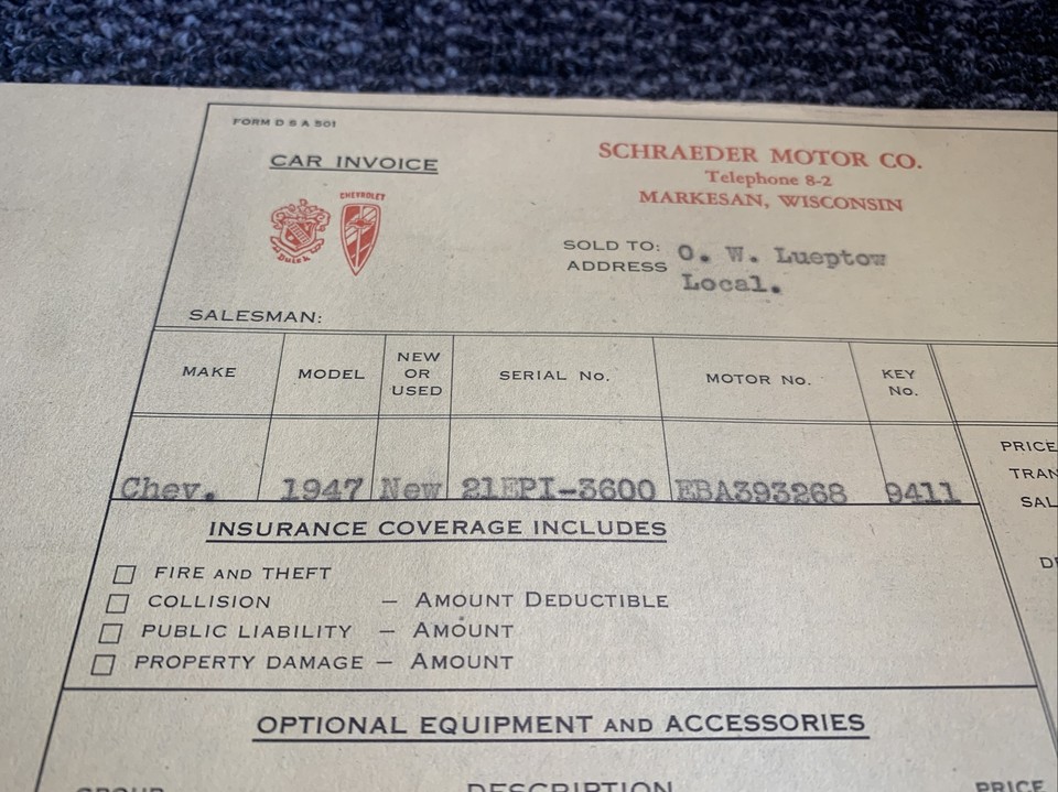 Vtg 1947 Chevrolet New Auto Dealer Sales Receipt Car Dealership Invoice ...
