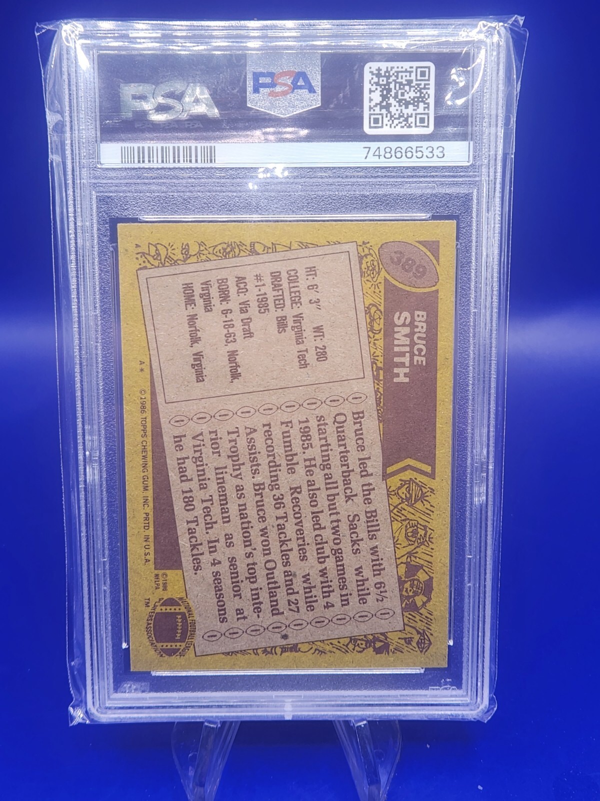 1986 Topps Bruce Smith Rookie RC #389 GRADED 6 EX-MT BUFFALO BILLS HOF ...