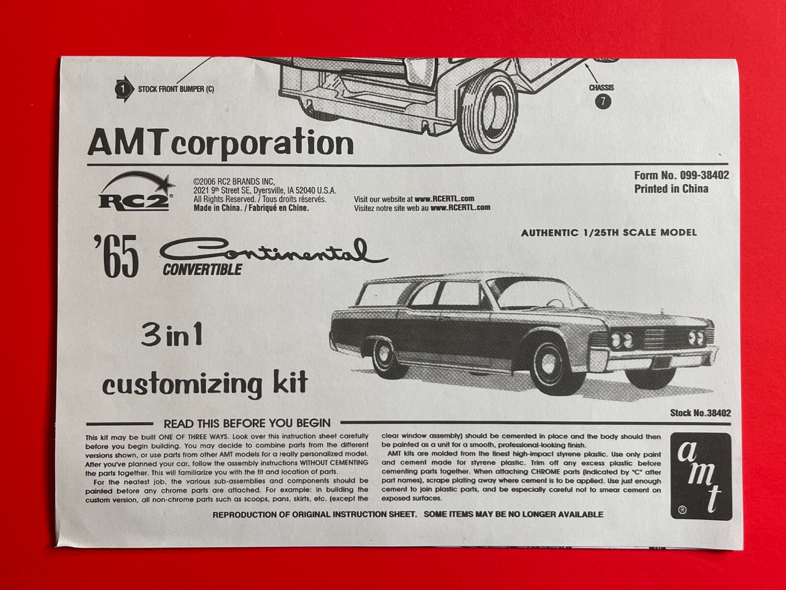 AMT- 1965 Lincoln Continental 3 in 1- Original Model Kit Instruction ...