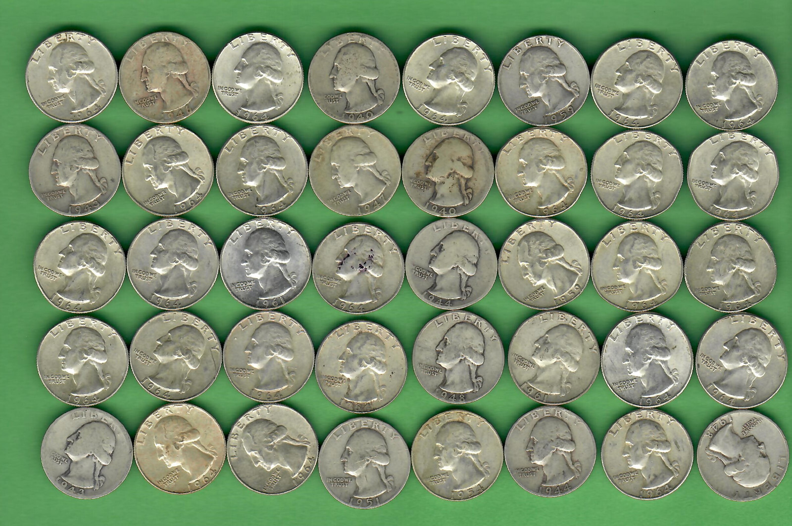 LOT OF 40 - 90% SILVER WASHINGTON QUARTERS MIXED DATES - $10.00 FACE ...
