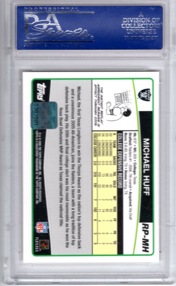2006 TOPPS MICHAEL HUFF ROOKIE PREMIER AUTOGRAPHED CARD PSA 9 MINT #RP ...