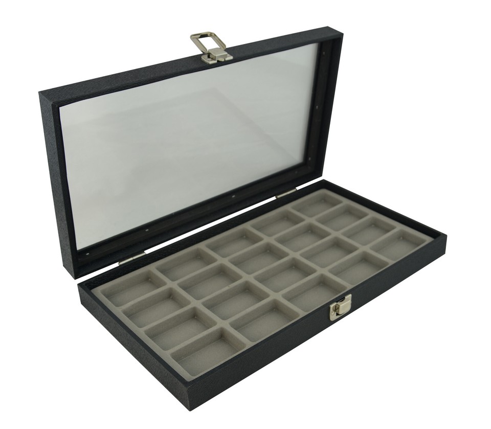 Large Black Jewellery Display Tray Storage Show Case Glass Lid & Grey ...