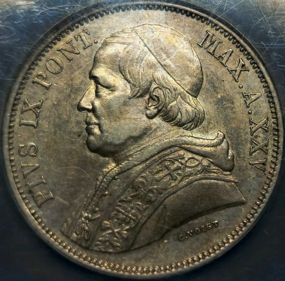 5 Lire 1870 R Rome Pius IX Supreme Pontiff Year 24 Papal States NCS UNC ...