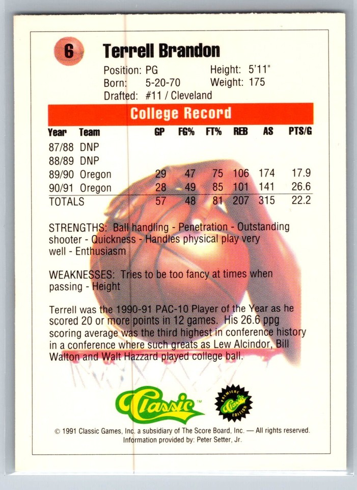 1991 Classic Terrell Brandon Rookie Oregon Ducks RC #6 | eBay