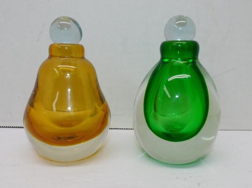 Lot Of 2 Heavy Glass Pear Shaped Perfume Bottles Yellow & Green With ...