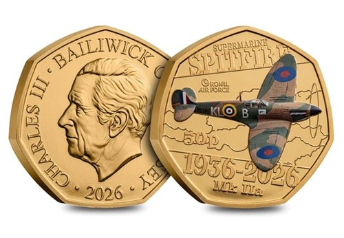 2026 Official RAF Spitfire 90th Ann. Gold Plated Colour 50p Coin with ...