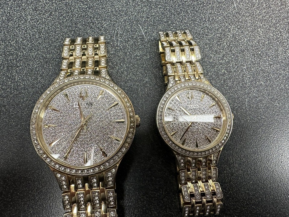 HIS & HER'S Bulova Phantom Quartz Pave Dial Crystal Gold-Tone Band ...