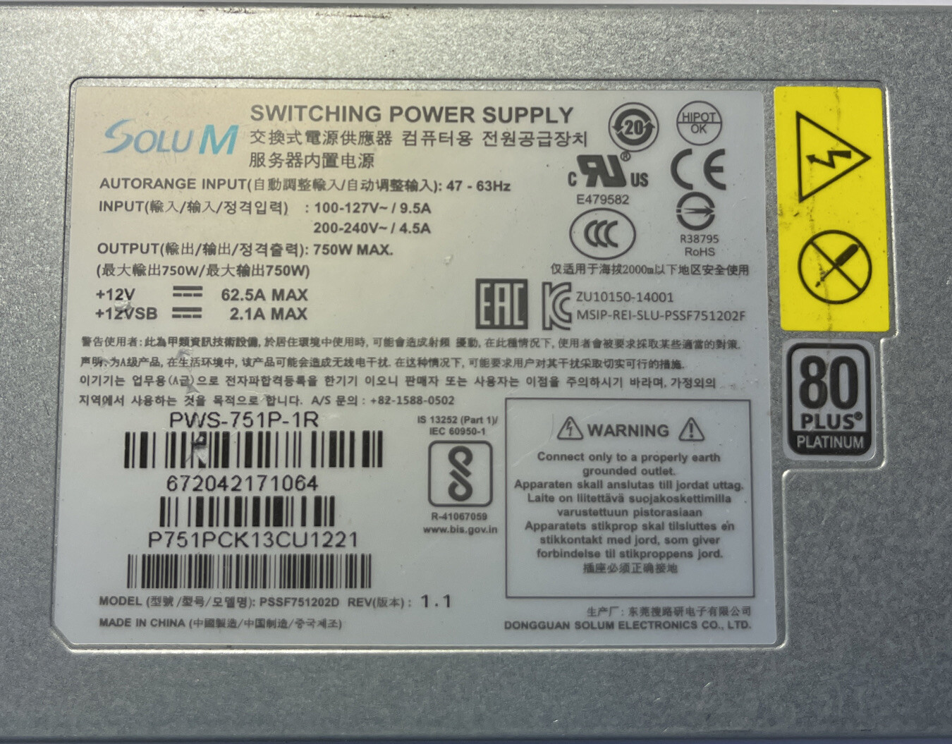 Solu M PWS-751P-1R 750WATT 1U PSSF751202D | eBay