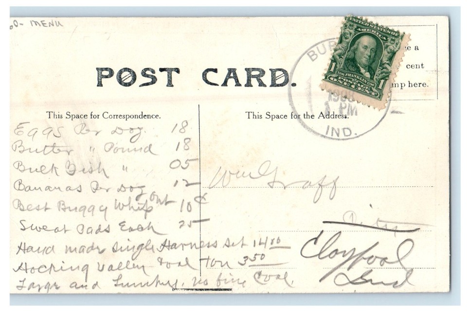 1908 Mendel Bros General Merchandise Menu Burket Indiana IN Antique ...